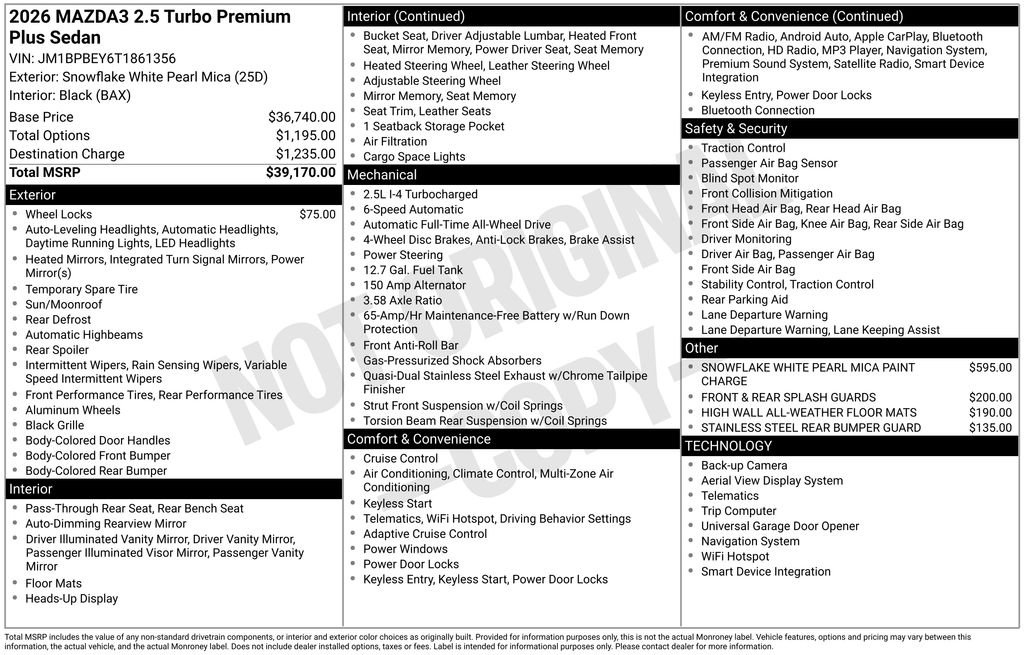 New Snowflake White Pearl Mica 2026 Mazda MAZDA3 2.5 Turbo Premium Plus ...